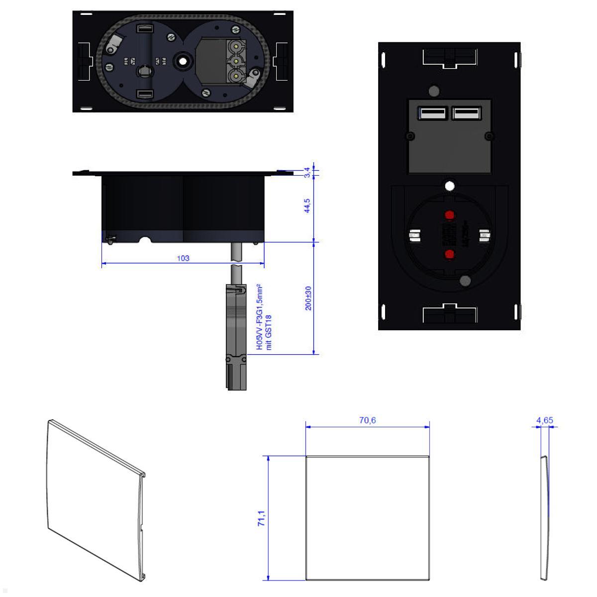 Built-in socket with USB-A, cover black Bachmann DUE
