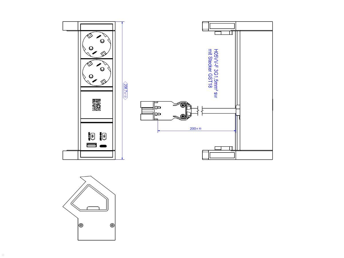 2x socket, USB-C, USB-A Charger 22W Bachmann DESK 2