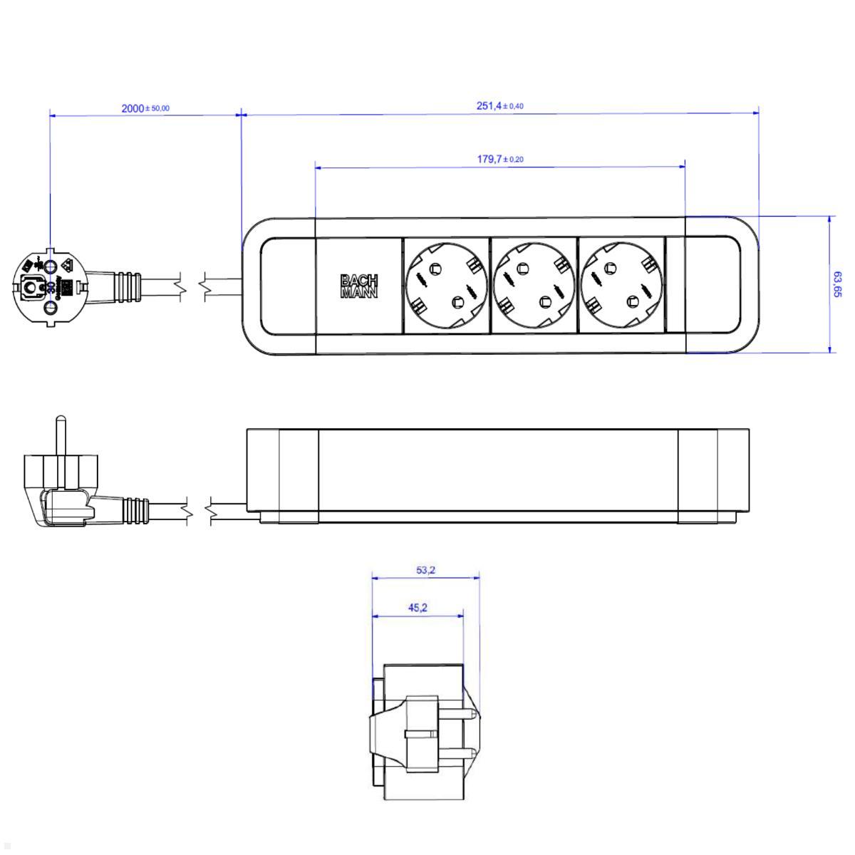 3-way power strip Bachmann PRIMO 2, 350.007, 2m cable black