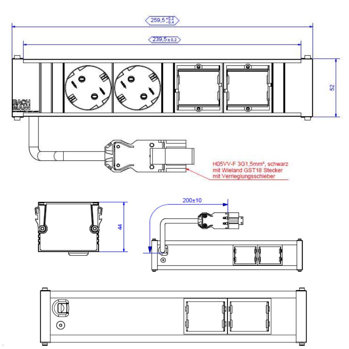 Power strip 4-way, 2x sockets, Bachmann CONI 912.027, black